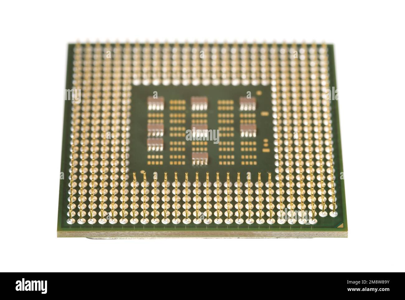 Computer processor chip isolated on white. Focus on the front part ...