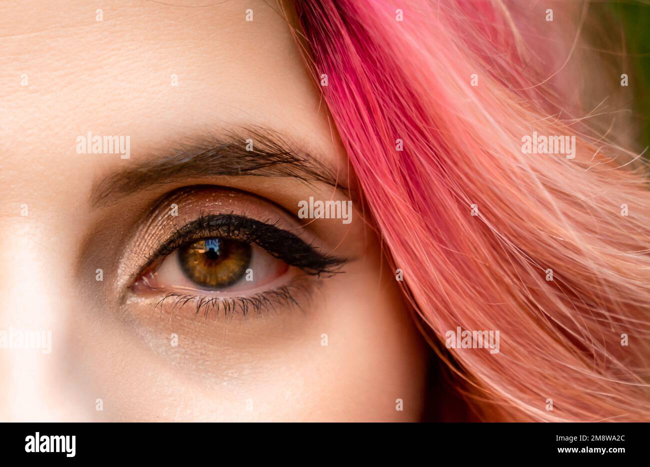 Macro shot of woman's eye with transparent makeup. Expressive look ...