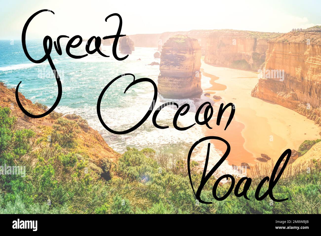 Place name, handwritten with a photo of the place in the background ...