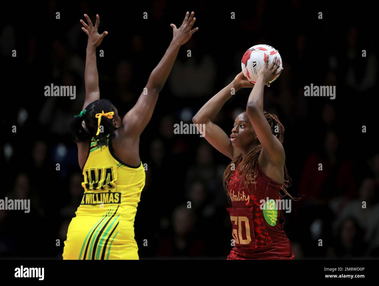 England’s Funmi Fadoju in action with Jamaica’s Khadijah Williams ...