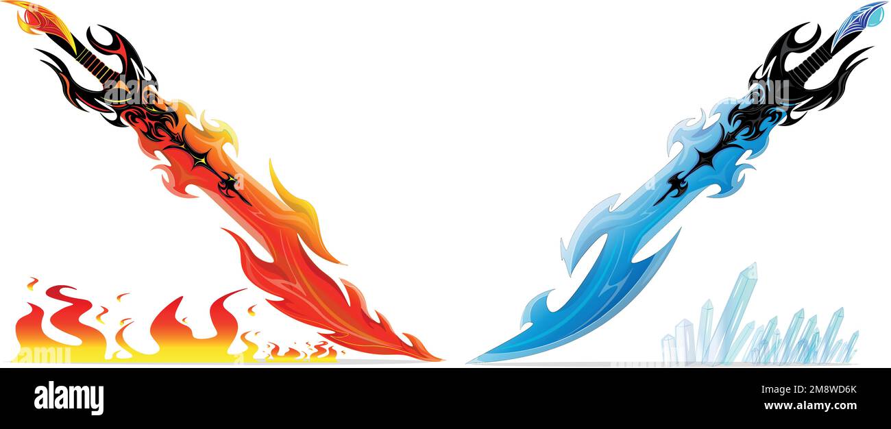 Two twin swords of ice and flame. Art of the beautiful swords. Fantasy ...