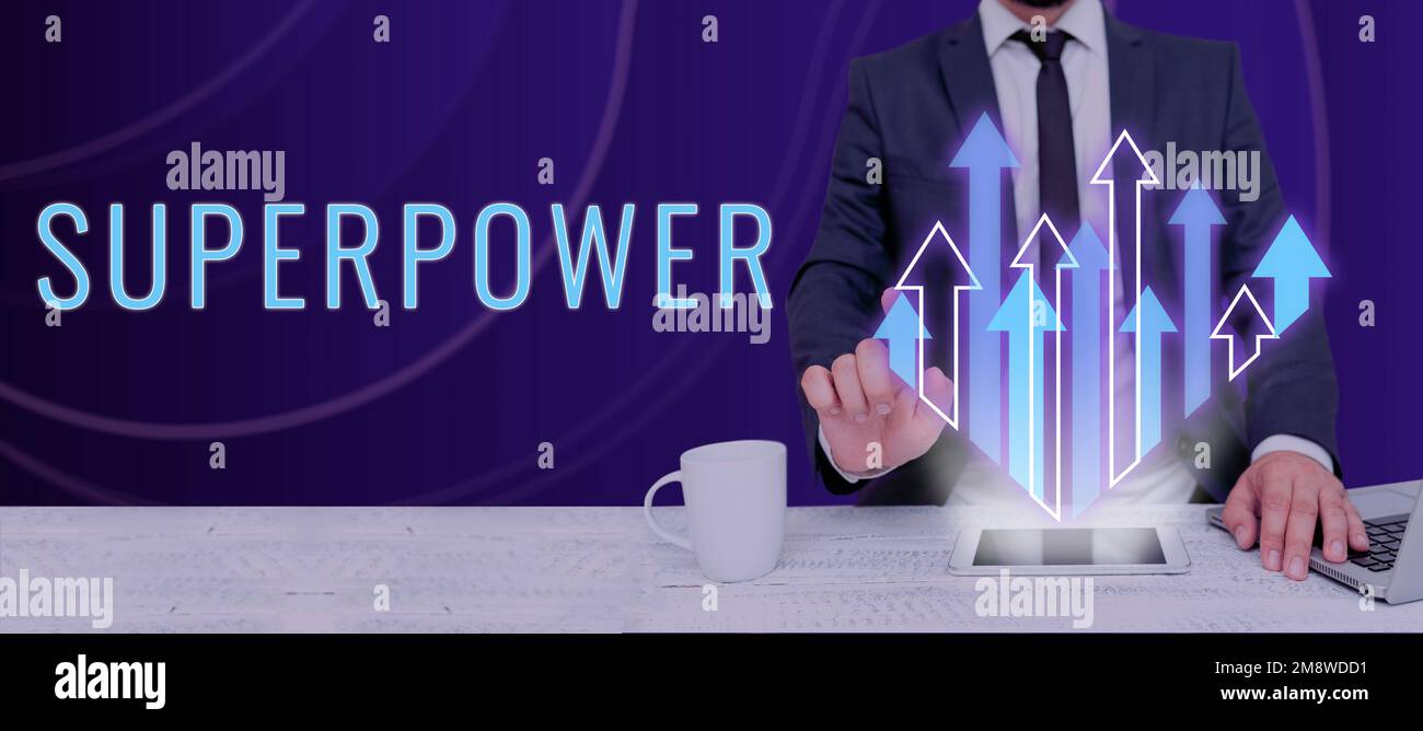 Conceptual caption Superpower. Concept meaning a power or ability of a ...