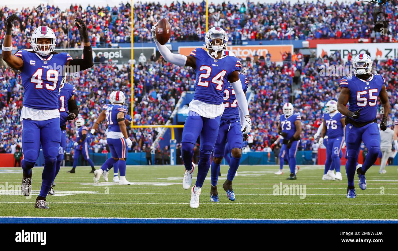 Buffalo Bills cornerback Kaiir Elam (24), center, celebrates after his ...