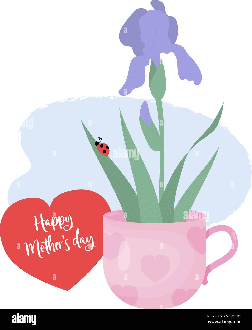 Flower iris with bud and ladybug on leaf in cup. Happy Mothers Day ...