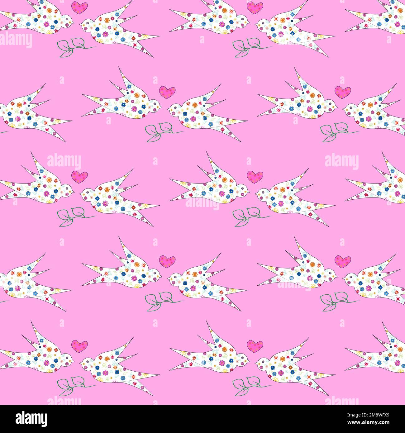 Vector seamless pattern with birds. Swallows with a floral print with a ...