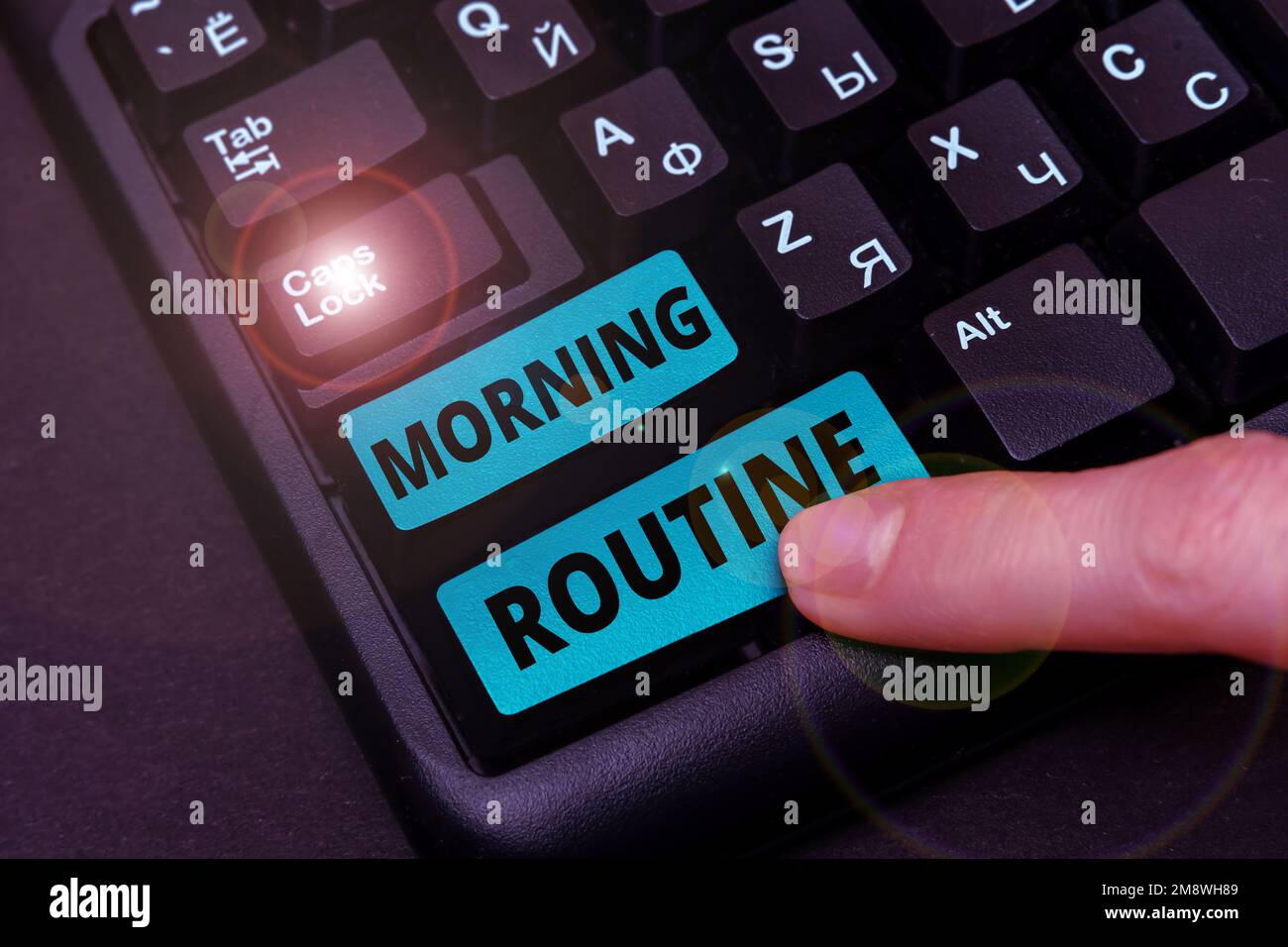 Hand writing sign Morning Routine. Word for initiation of consumer ...
