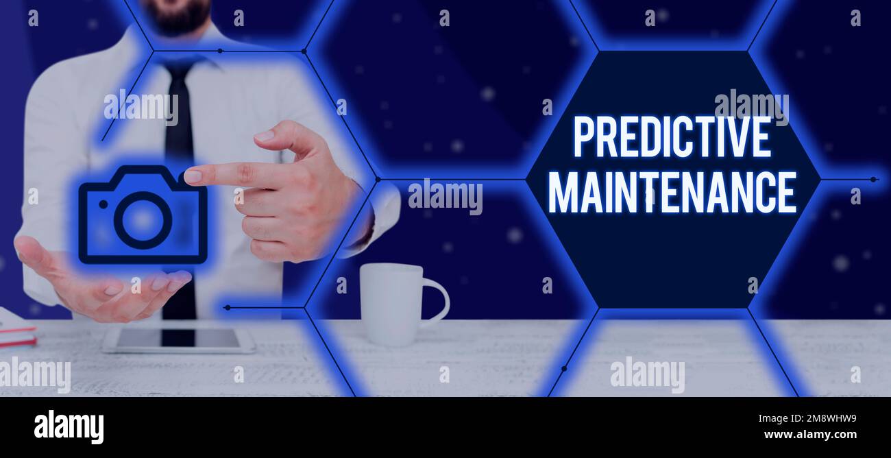 Hand writing sign Predictive Maintenance. Word for Predict when ...