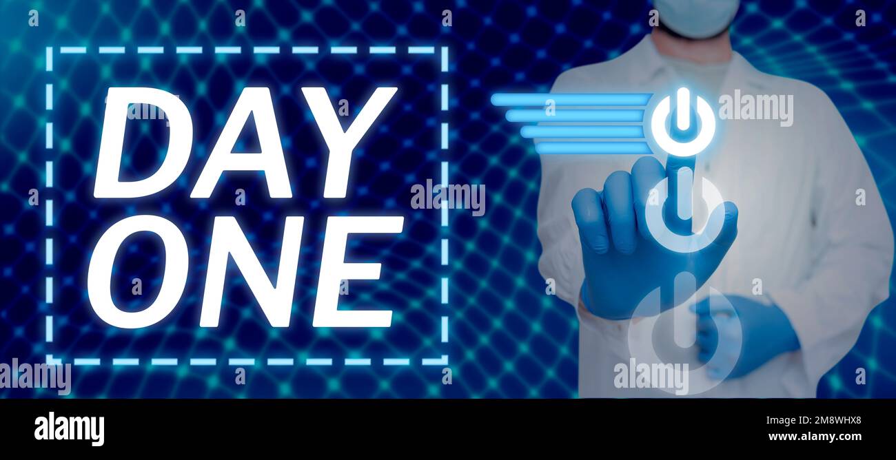 Hand writing sign Day One. Word for Start moment First step Beginning ...