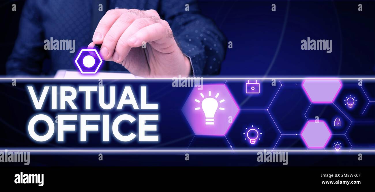 Conceptual caption Virtual Office. Business concept Mobile work ...