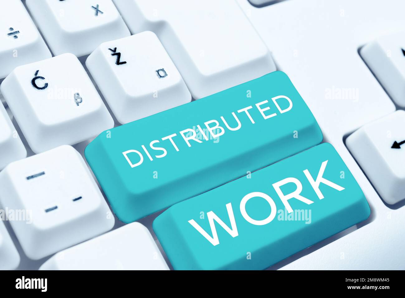 Hand writing sign Distributed Work. Business idea practiced by enterprises using network ...