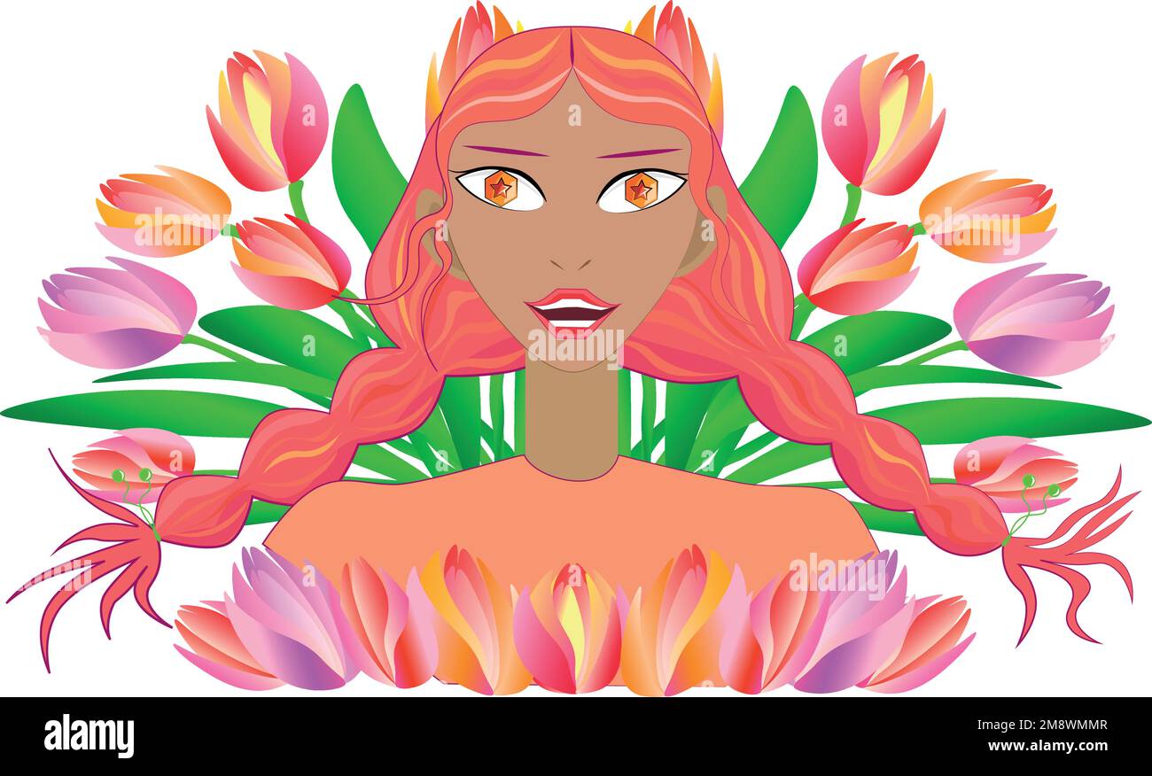 Spring Lady Tulips. Art portrait of beautiful smiling spring Lady of ...