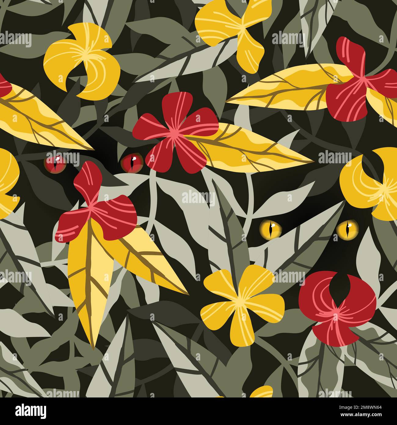 Red and yellow exotic flowers and predator eyes, seamless pattern Stock ...
