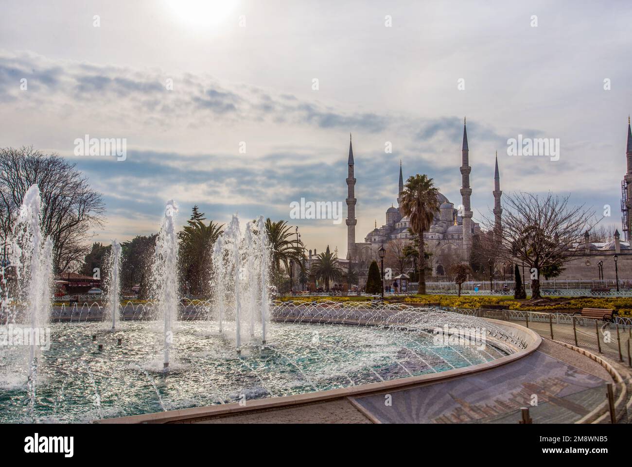 Amazing landscape from park Sultan Ahmet with shiny sun in sky and ...