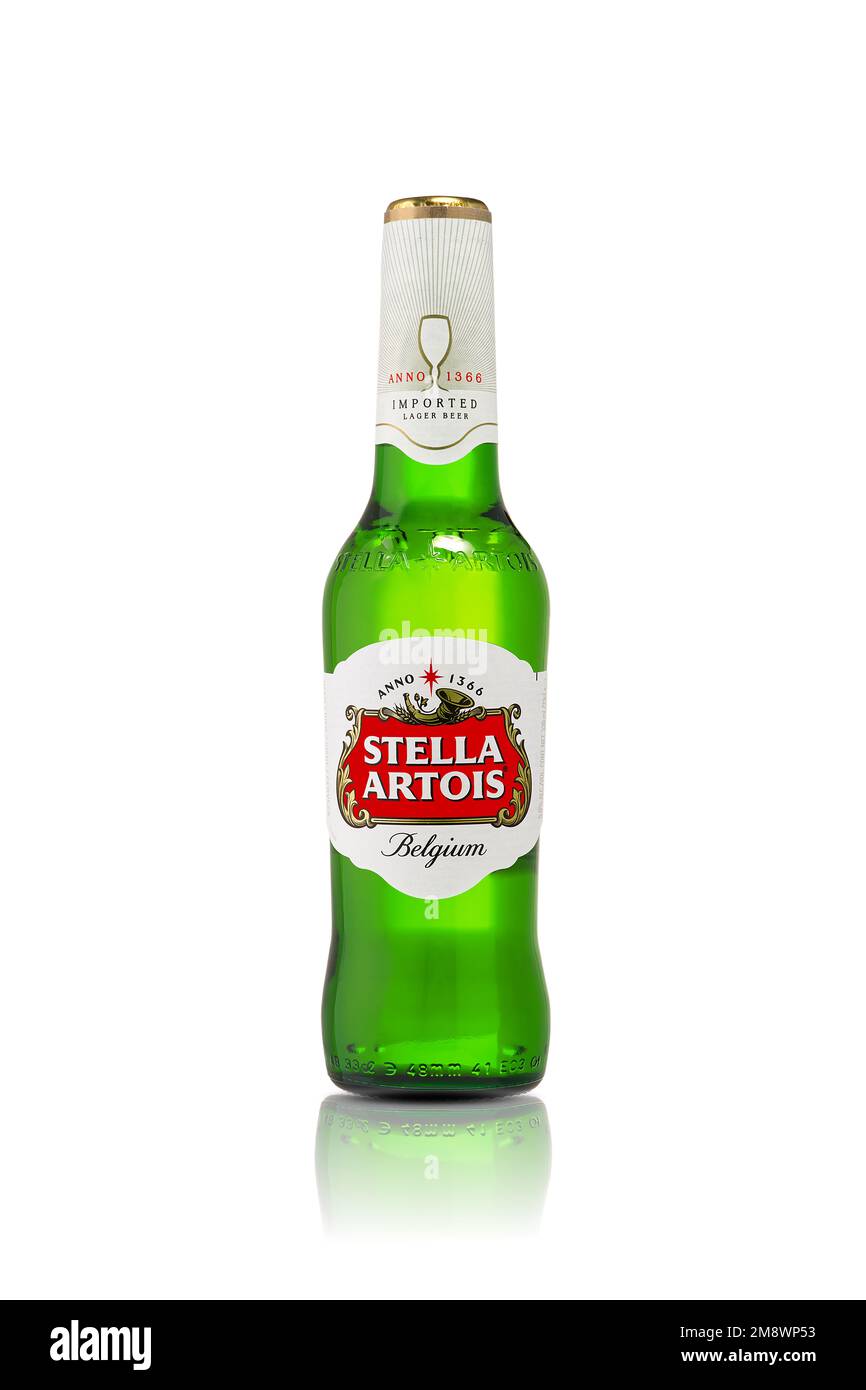 Tallinn, Estonia -January, 2023 Bottle of Stella Artois beer on isolated white background ...