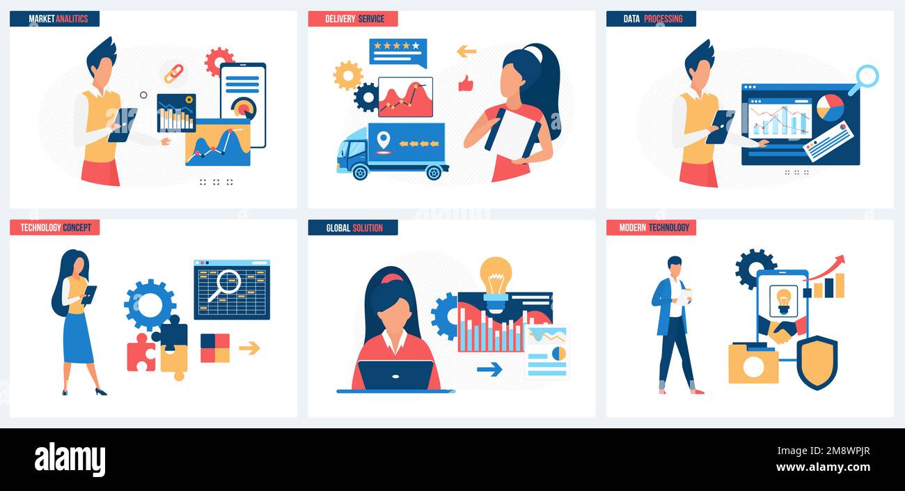 Modern analytics of global solutions planning, market data processing, delivery service set ...