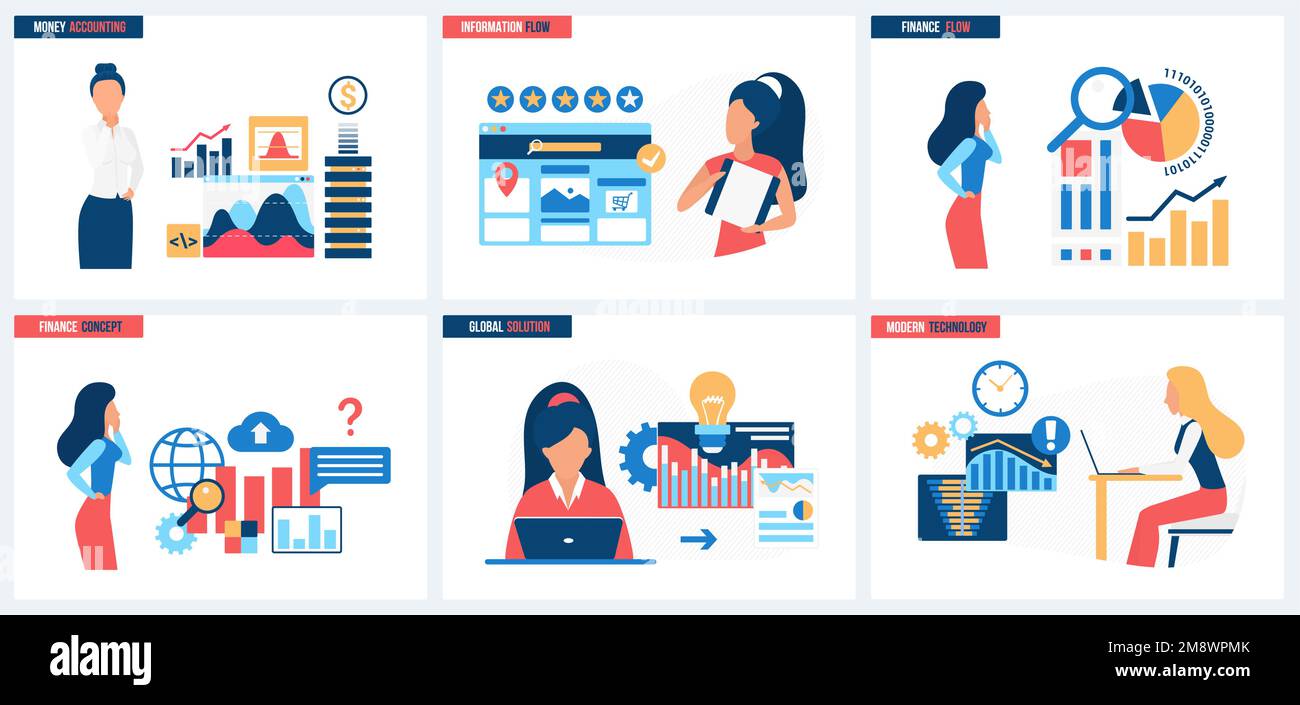 Global solutions, money and bank accounting set vector illustration ...