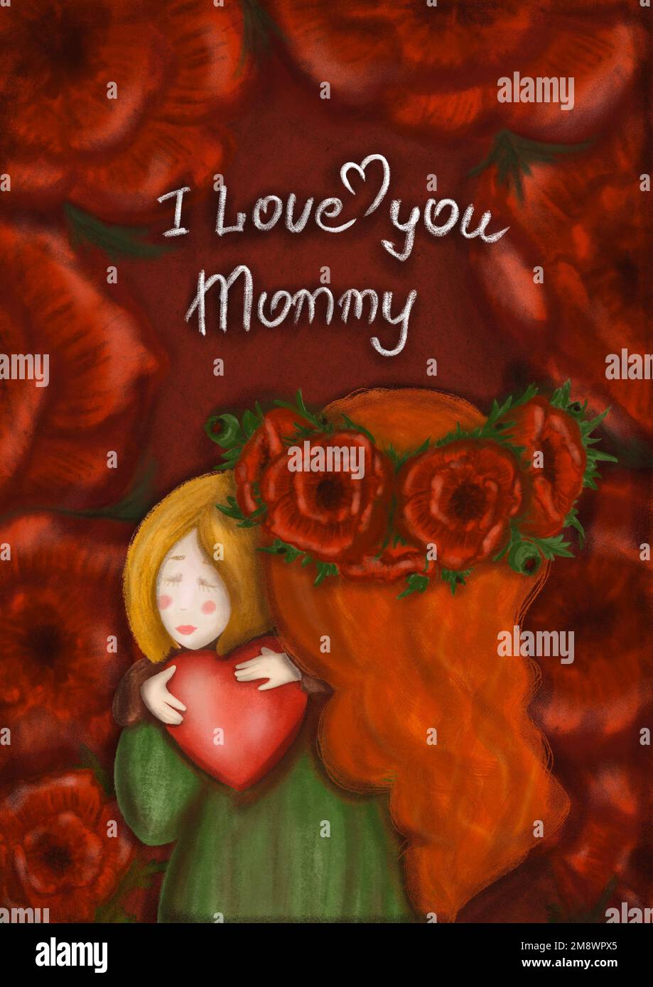 Mommy and daughter, mother's day card. Mom and little daughter are ...
