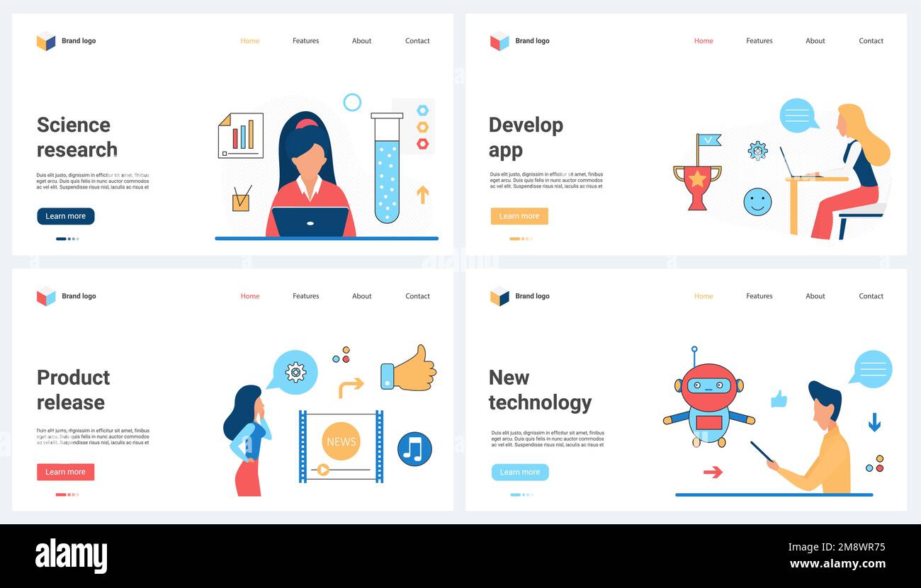 Mobile app development, digital product release, science research set vector illustration ...