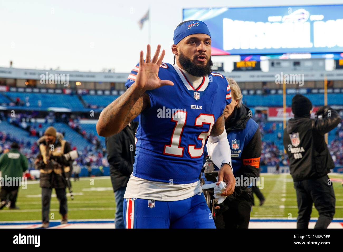 Buffalo Bills wide receiver Gabe Davis (13) waves as he exits the field ...