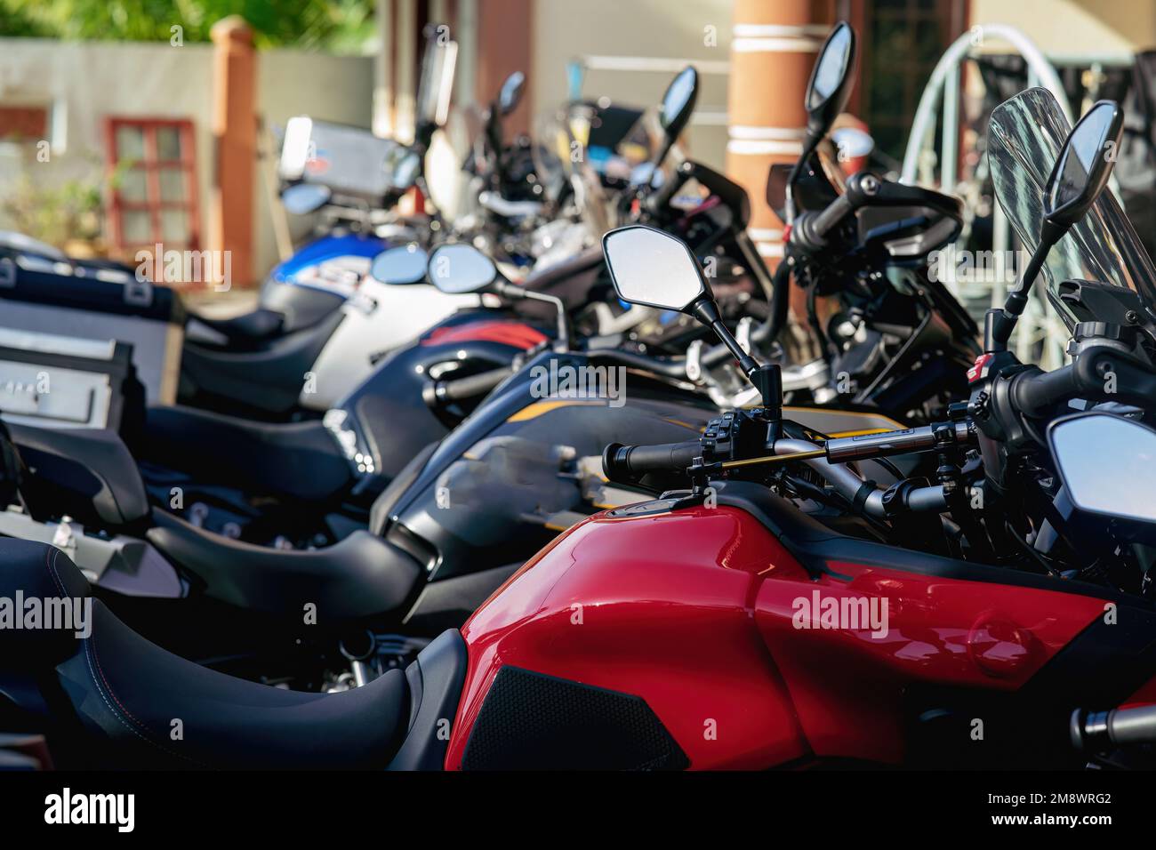 a Motorcycles group parked on city street during adventure journey ...