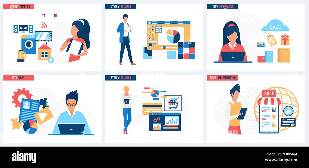 System solutions, data flow for market analysis and technical information set vector ...