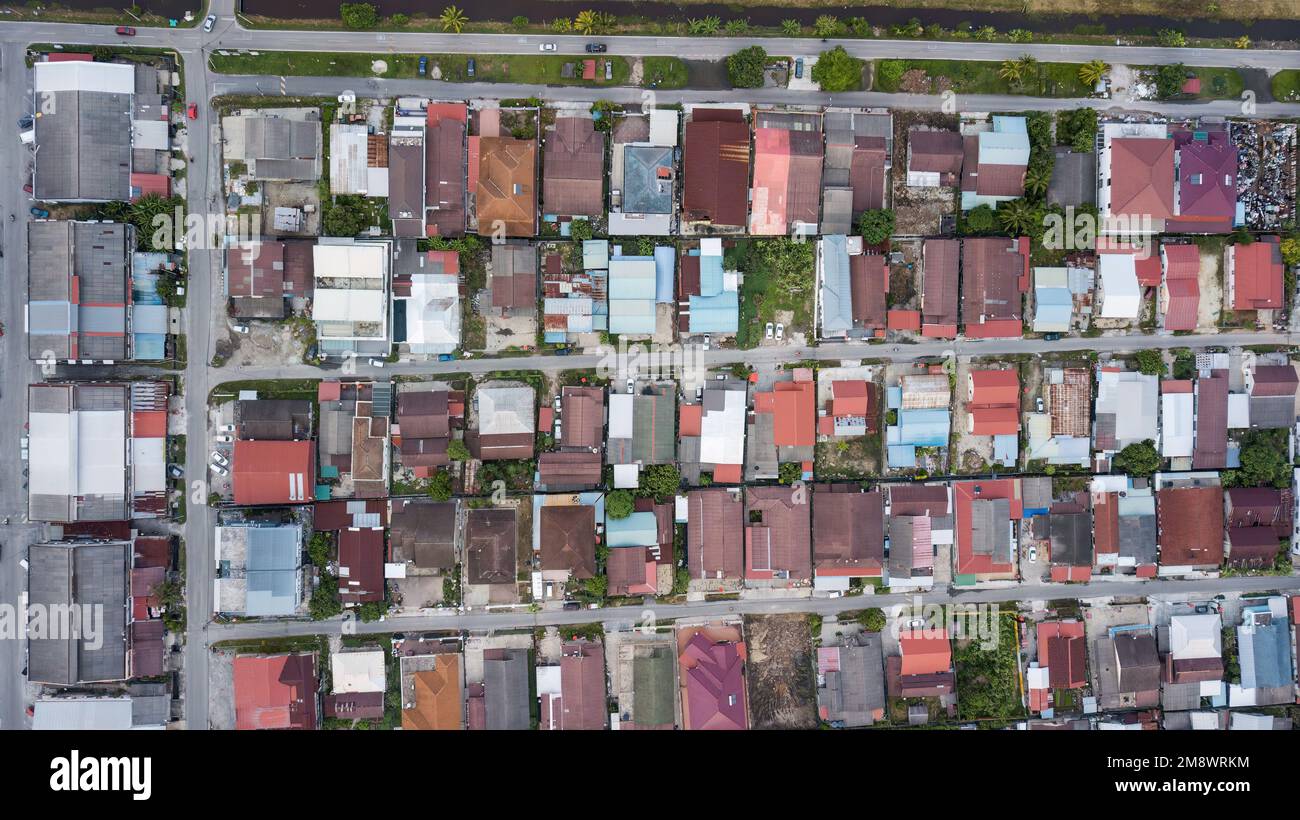 An aerial view of buildings and cityscape in Sekinchan, Selangor ...