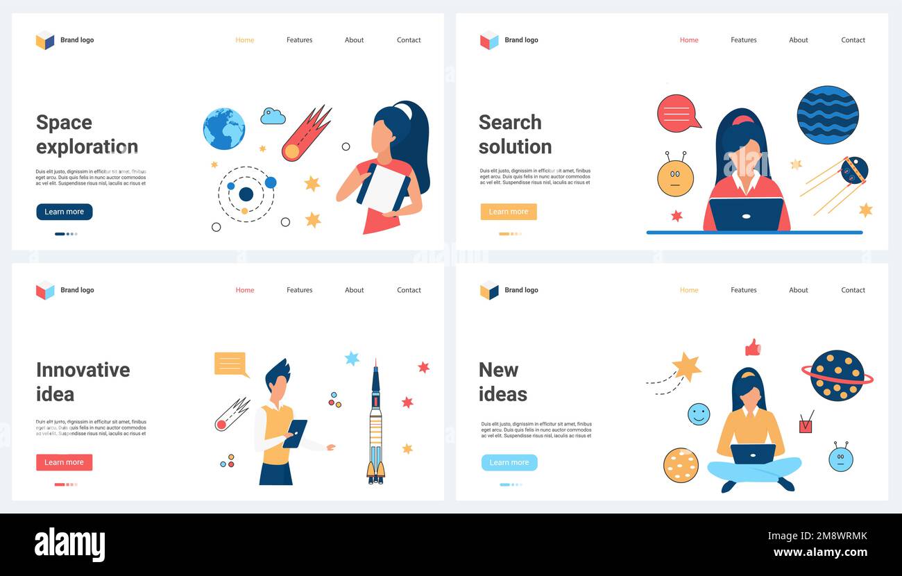 Space exploration, travel to universe set vector illustration. Cartoon tiny people in search of ...