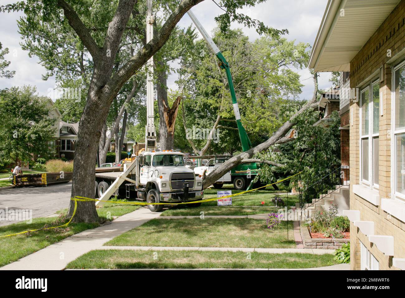 Crew and truck removing fallen tree which fell on house Stock Photo - Alamy