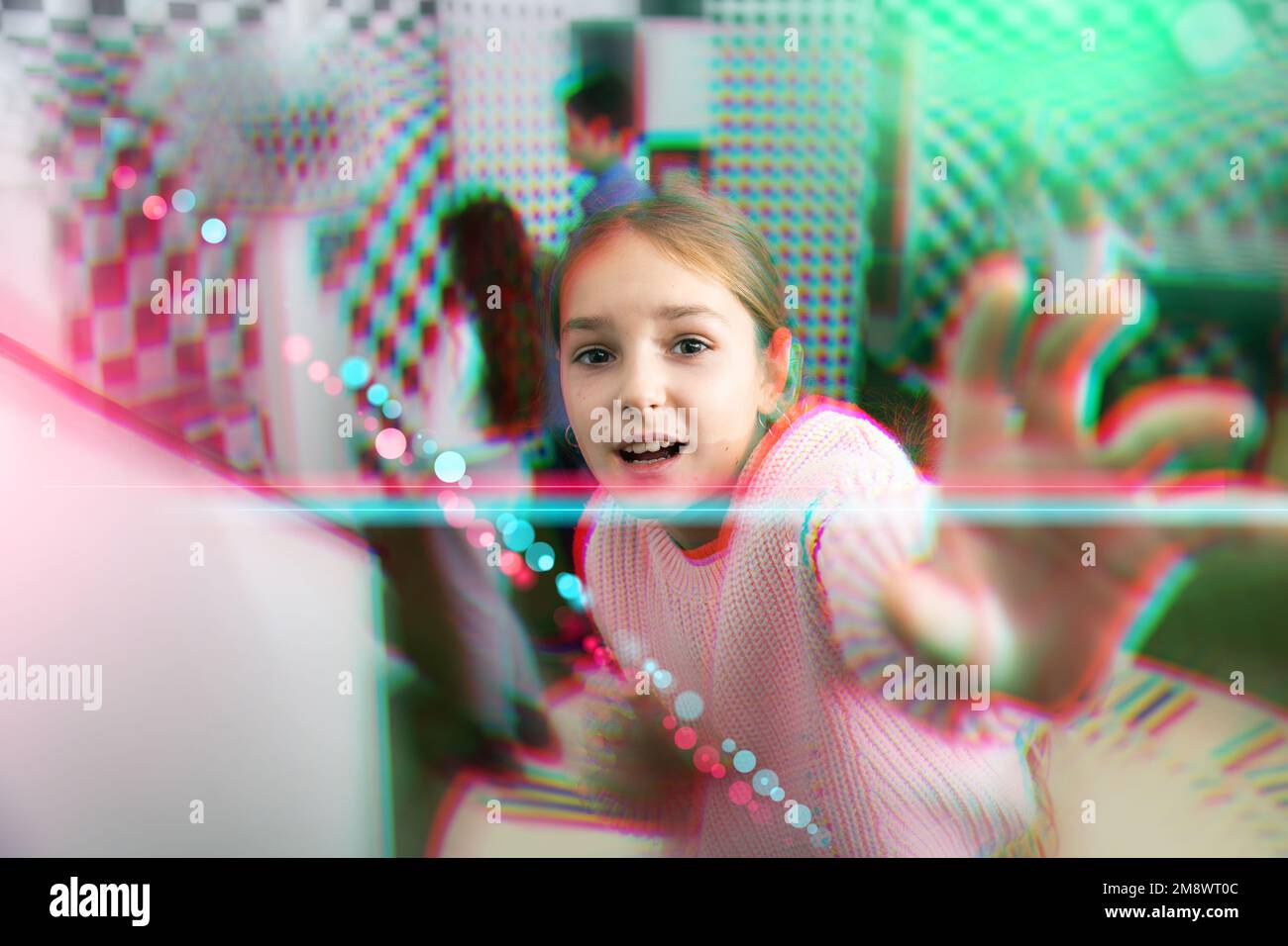 Emotional girl found the solution to the puzzle in quest room Stock ...