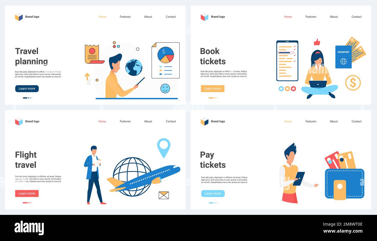 Travel planning around world with mobile apps set vector illustration ...