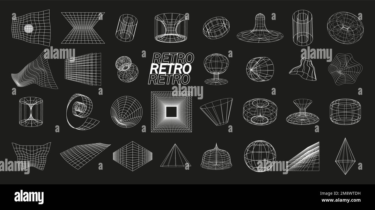 Retrofuturistic, wireframe line elements vector set. Perspective grids in cyberpunk style. Polar ...