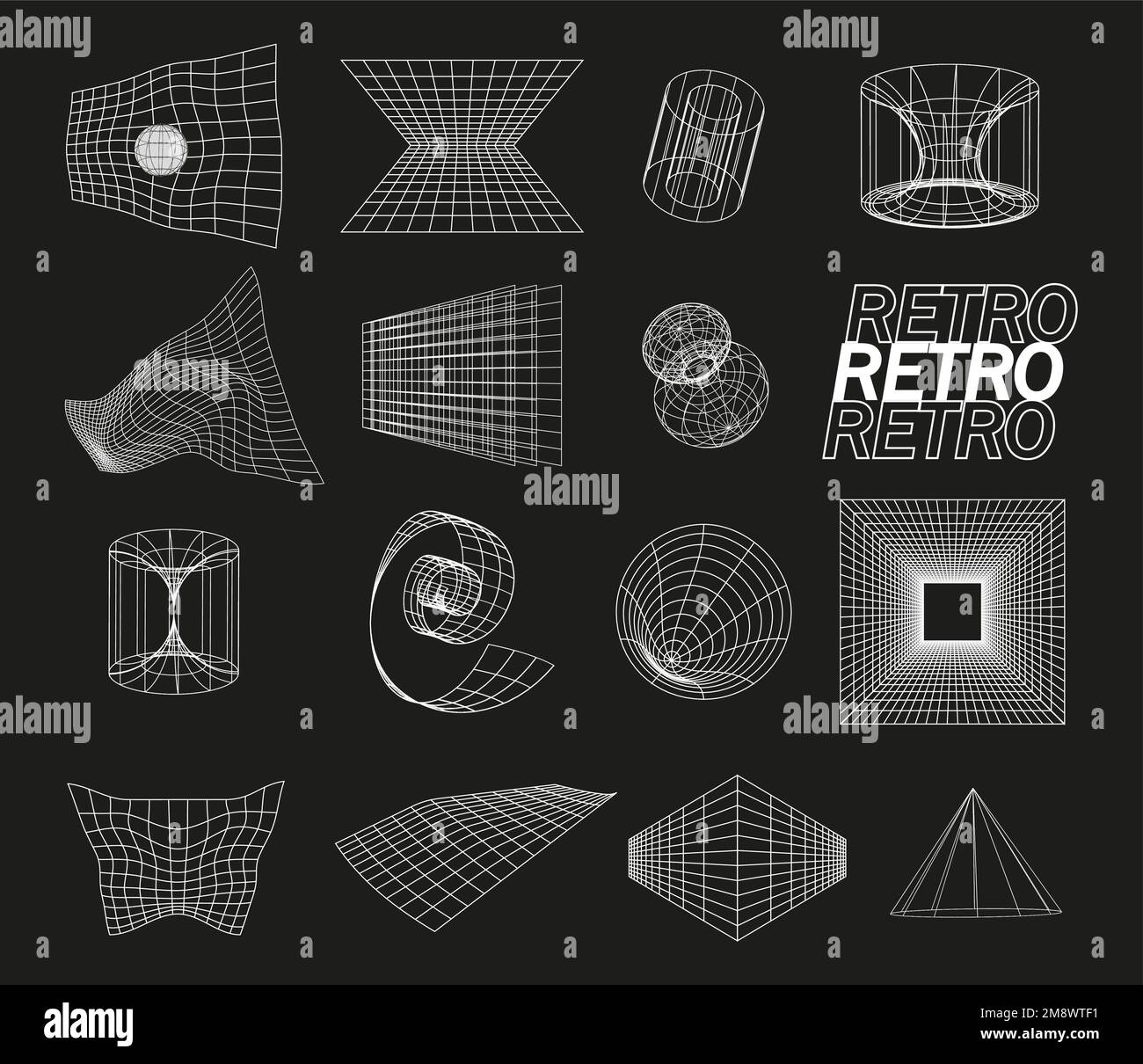 Retrofuturistic, wireframe line elements vector set. Perspective grids in cyberpunk style. Polar ...