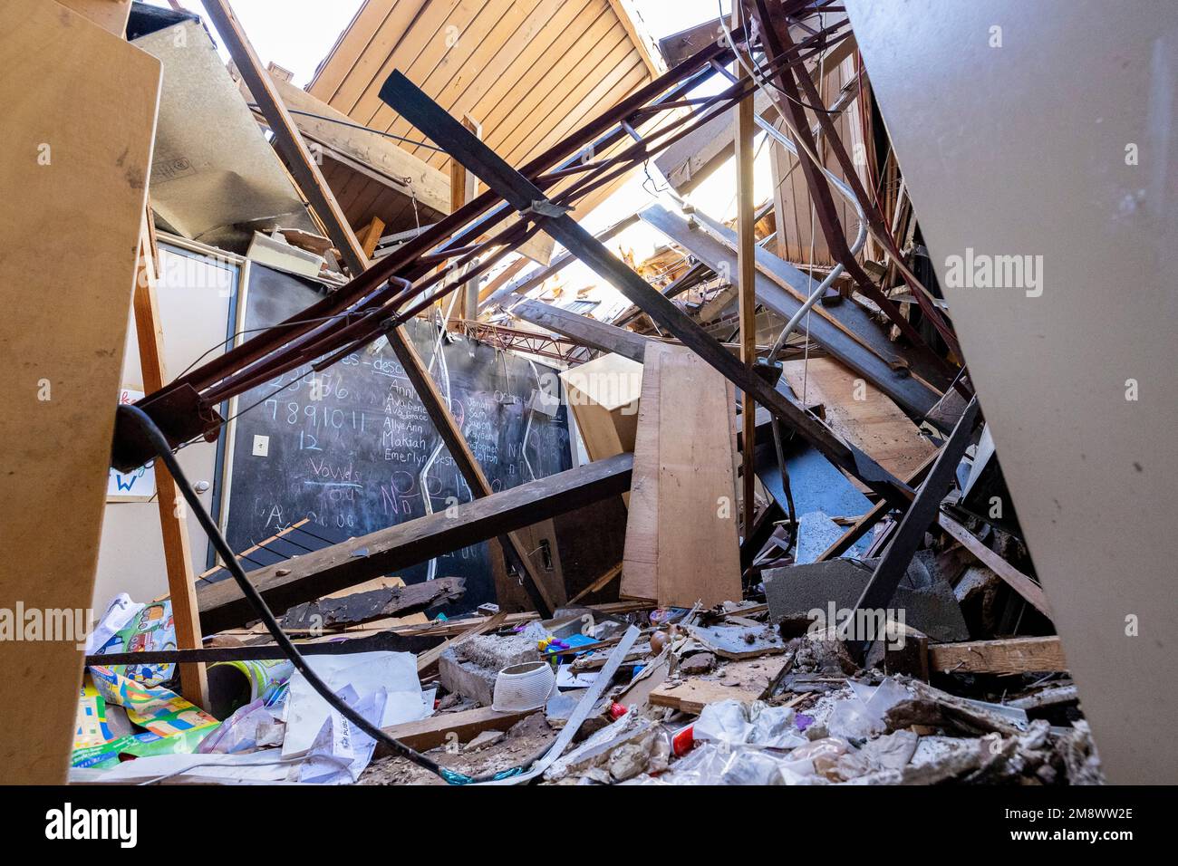 A heavily-damaged classroom in the preschool building at Crosspoint ...