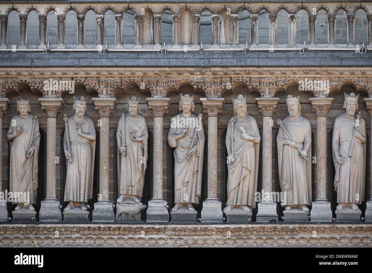 The gallery of kings at west facade of Notre-Dame de Paris cathedral ...