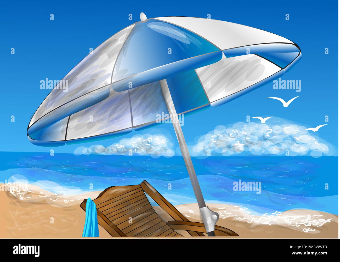 beach illustration. sunner illustration with umbrella and chair Stock ...