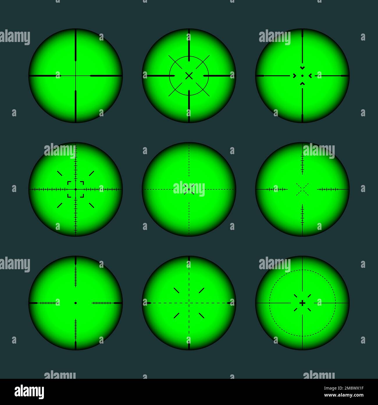 Various weapon night sights, sniper rifle optical scopes. Hunting gun ...