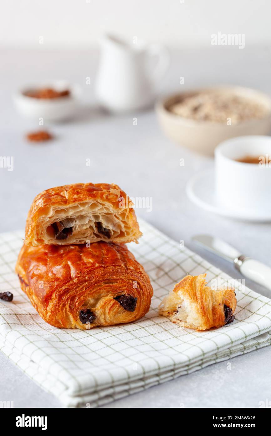 pain au chocolat, french sweet pastry speciality, side view Stock Photo ...