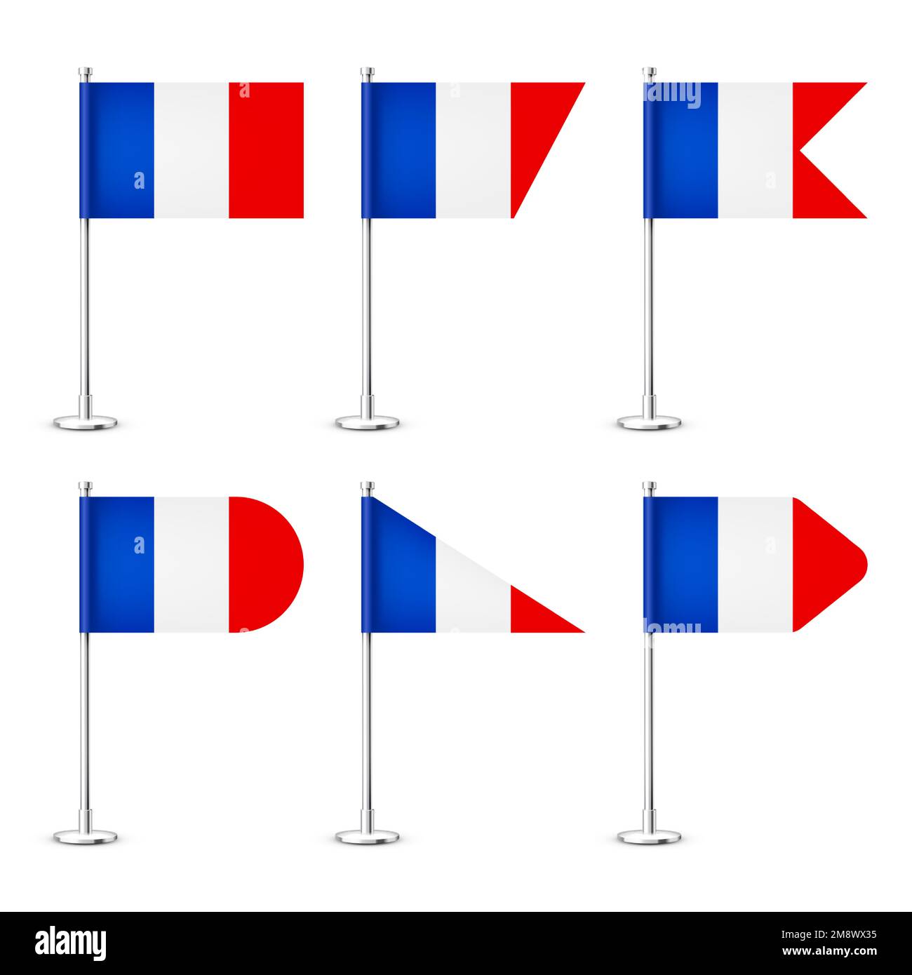 Realistic various French table flags on a chrome steel pole. Souvenir ...