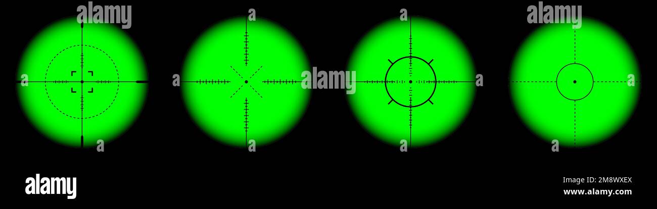 Various weapon night sights, sniper rifle optical scopes. Hunting gun ...