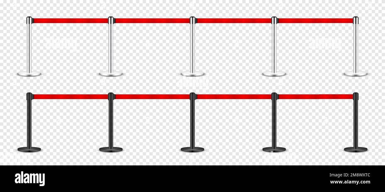 Realistic red retractable belt stanchion. Crowd control barrier posts ...