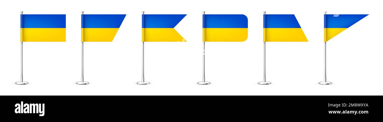 Realistic various Ukrainian table flags on a chrome steel pole ...