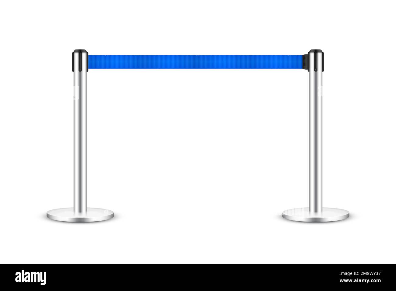 Realistic blue retractable belt stanchion. Crowd control barrier posts ...