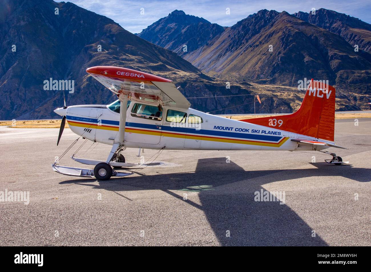 A ski plane standing at Mount Cook Airport ready to fly tourists on a ...