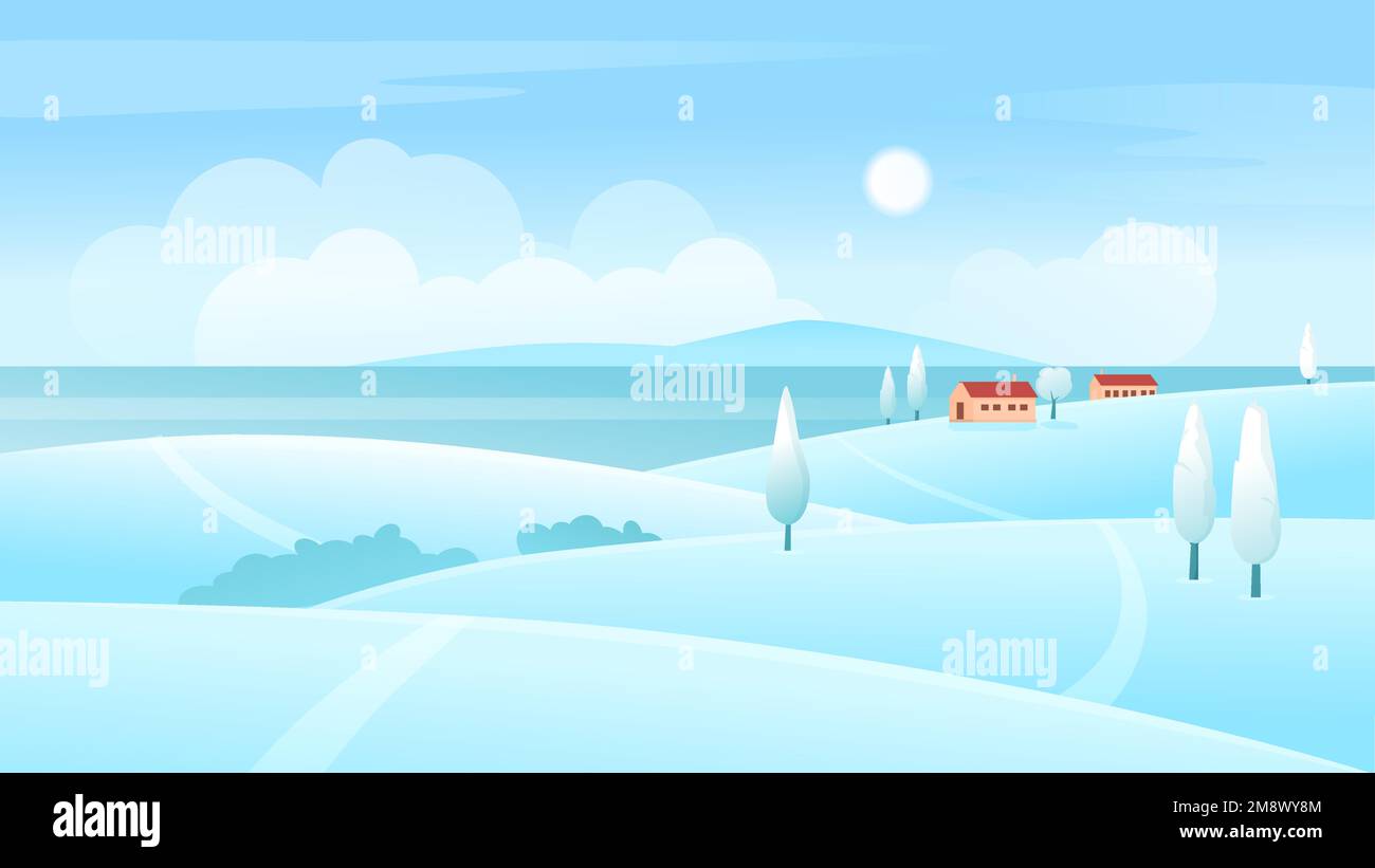 Cartoon red farmhouse and trees on blue farmers field with snow ...