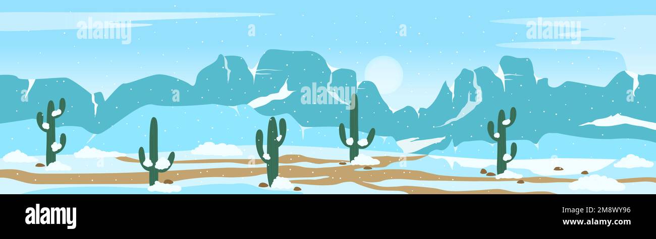 Desert landscape with snow on cactuses and rocks of wild West canyon ...