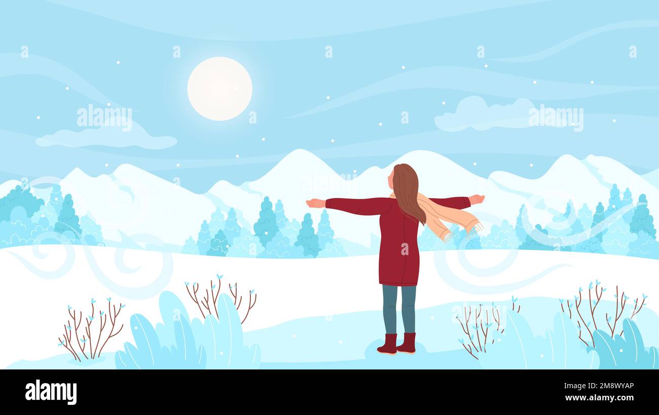 Winter walk and adventure of dreamy girl, back view vector illustration ...