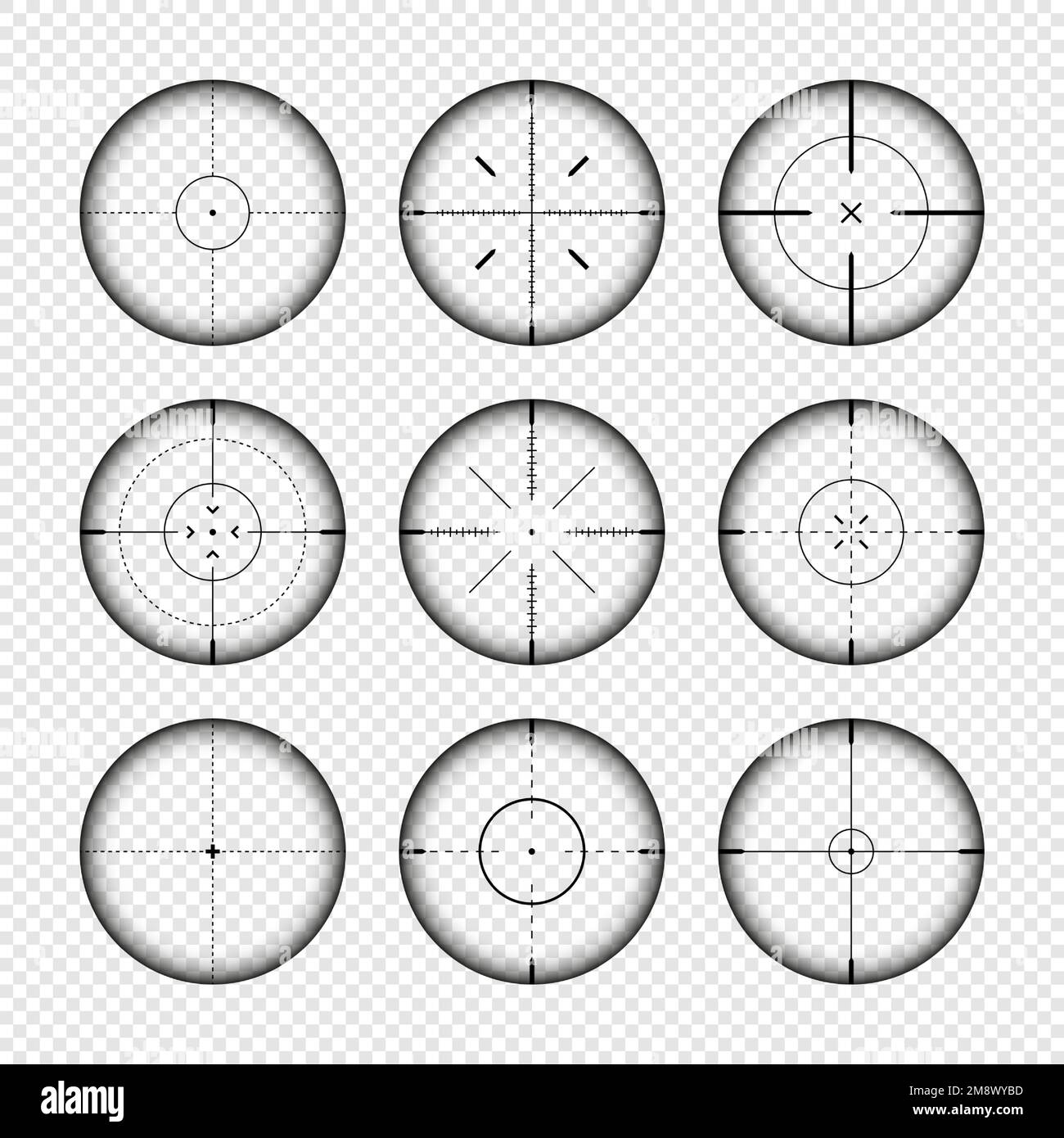 Various weapon sights, sniper rifle optical scopes. Hunting gun ...