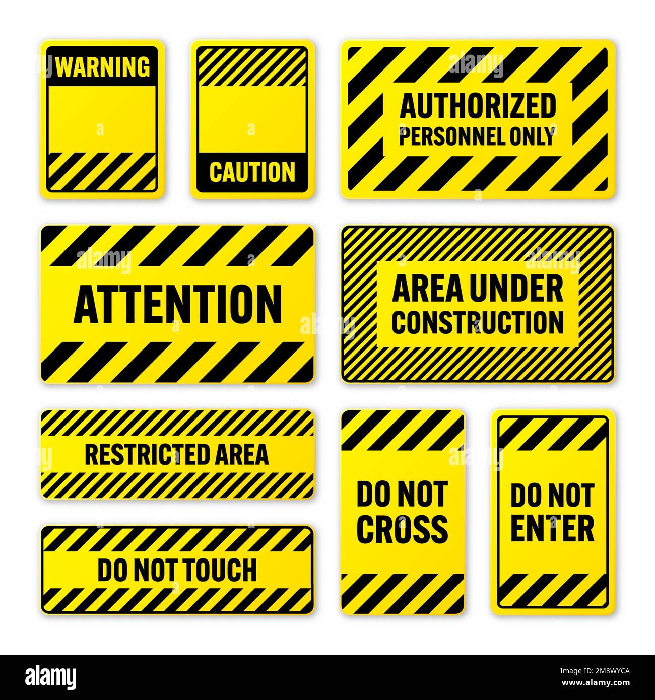 Various black and yellow warning signs with diagonal lines. Attention ...