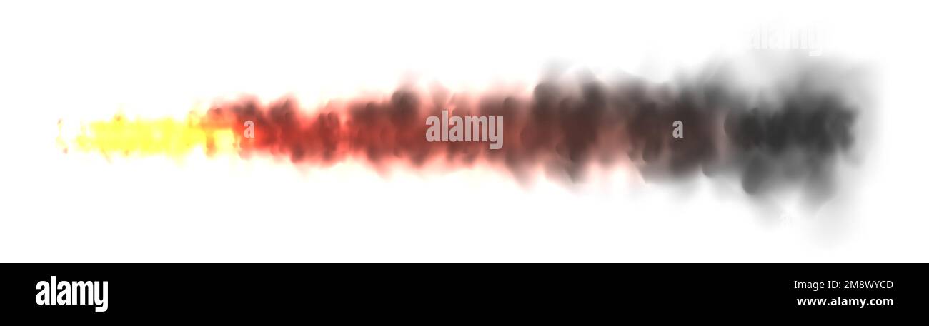 Realistic black smoke with fire, space rocket launch trail. Fire burst ...