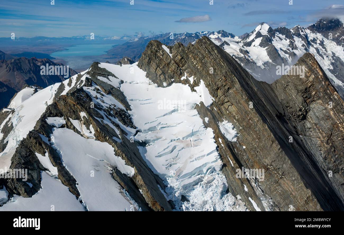 View of mountains and valleys of the Southern Alps seen from an ...